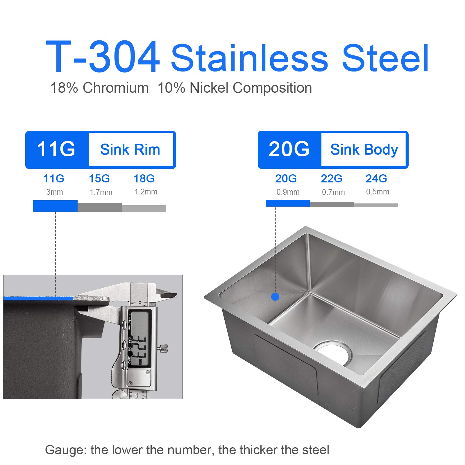 MENATT 20-inch Undermount Kitchen Sink, SUS304 Stainless Steel Handmade Single Bowl Kitchen Sink with Sink Strainer (Brushed), 20"x16"x9"