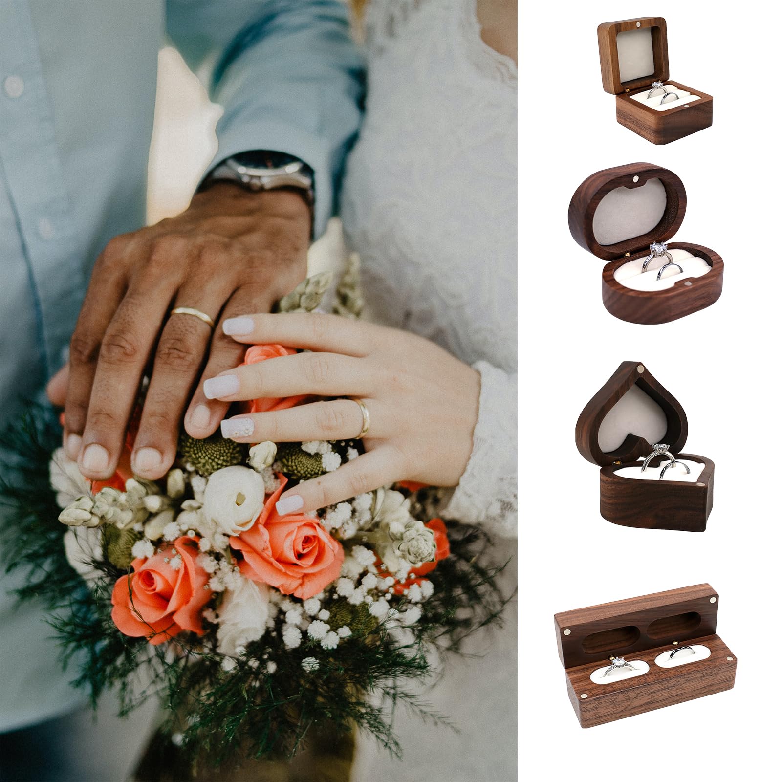 JYCMMFC Ring Box for Proposal Engagement Wedding Day, Handmade Wooden Rustic Ring Holder Ring Storage Box Stocking Stuffers Her Valentine's Day Christmas Thanksgiving Gift (2 Slots White)