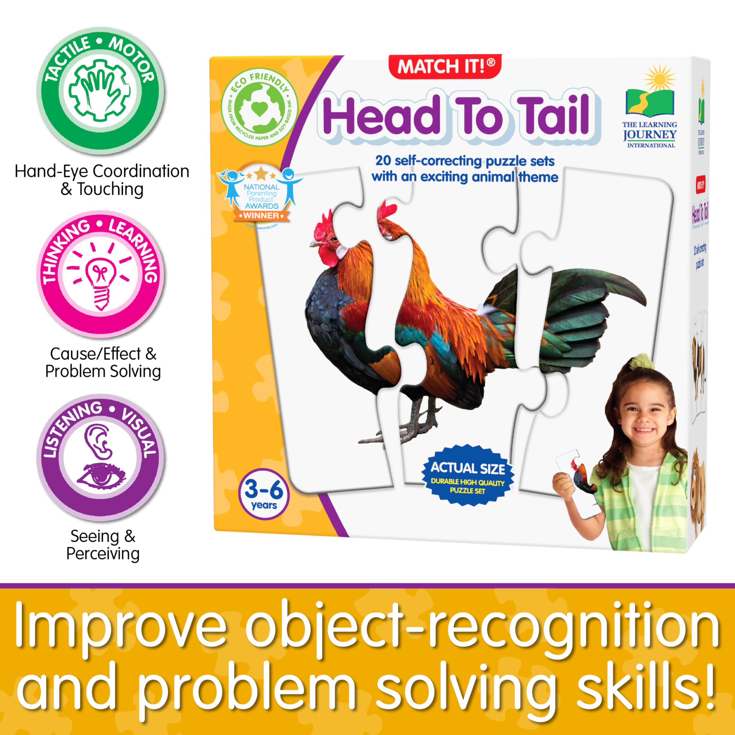 The Learning Journey: Match It! Head to Tail - 20 Self-Correcting Animal-Themed Puzzle Sets - Matching Puzzles for Children Ages 3-6 Years (40 Pieces), White