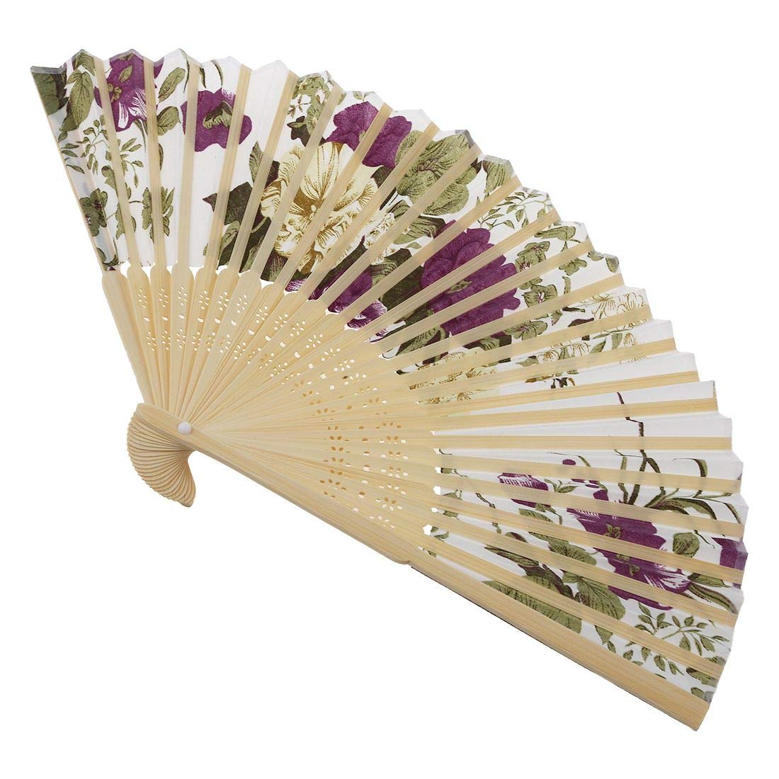 DTBBKsy Women's Summer Wedding Floral Pattern Fabric Folding Hand Fan White Purple Hand Fan Folding Fan