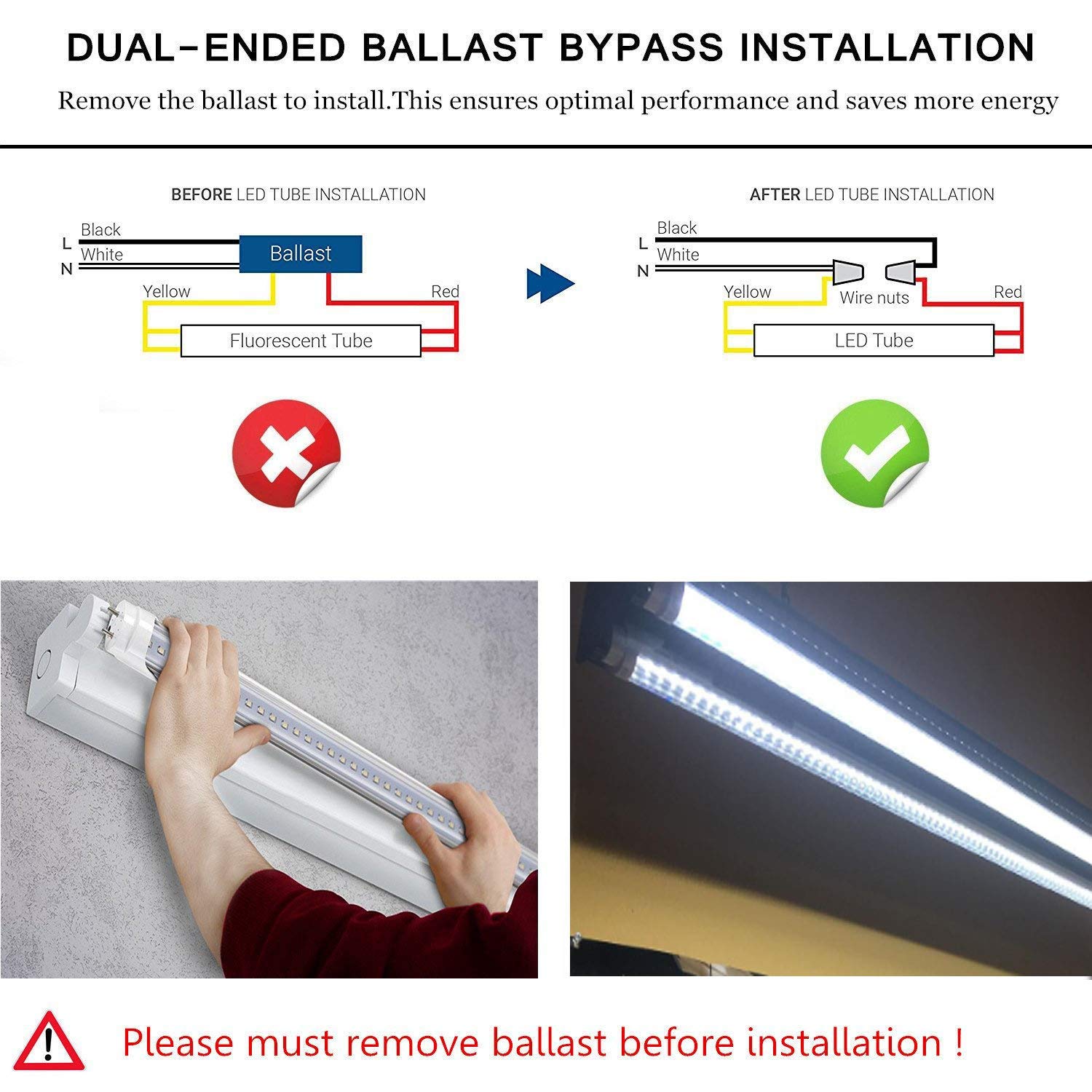 CNSUNWAY LIGHTING T8 LED Bulbs 4 Foot, 22W 2400LM High Brightness, 5000K Daylight, T8 T10 T12 Fluorescent Light Bulbs Replacement, Ballast Bypass, Double-Ended Power, Clear Cover - 4 Pack