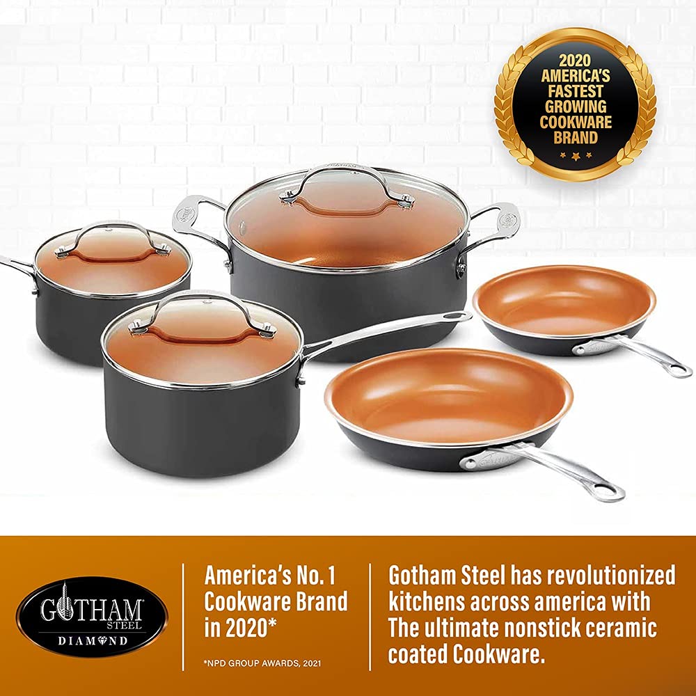 Gotham Steel 8-Piece Kitchen Set with Non-Stick Ti-Cerama Copper Coating by Chef Daniel Green - Includes Skillets, Fry Pans, Stock Pots and Sauce Pan