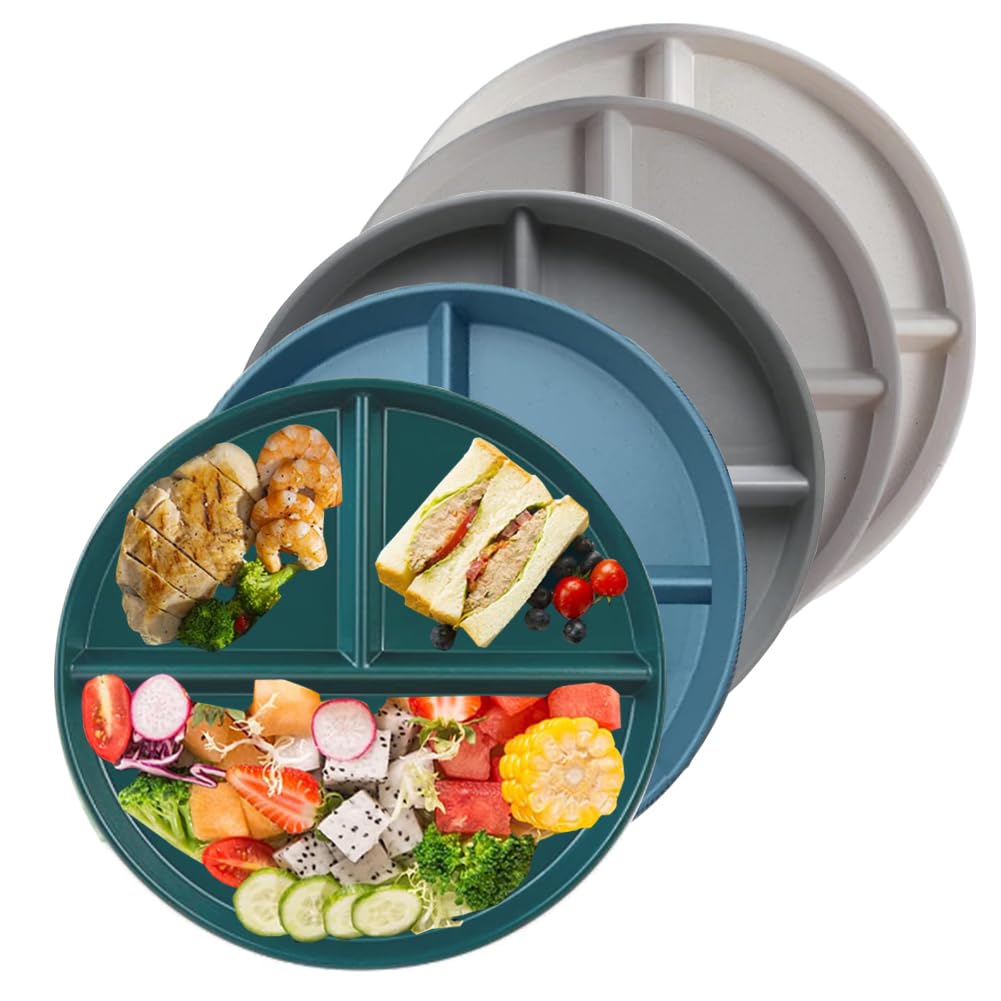K Y KANGYUN 5 PCS Unbreakable Divided Plates for Adults 9in, Deep Dinner Plates, Divided Design for Picky Eaters,Compartment Plates, Lightweight Reusable Plastic Portion Control Plates