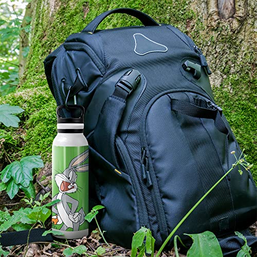 Looney Tunes OFFICIAL Bugs Bunny Green Background 24 oz Insulated Canteen Water Bottle, Leak Resistant, Vacuum Insulated Stainless Steel with Loop Cap, White