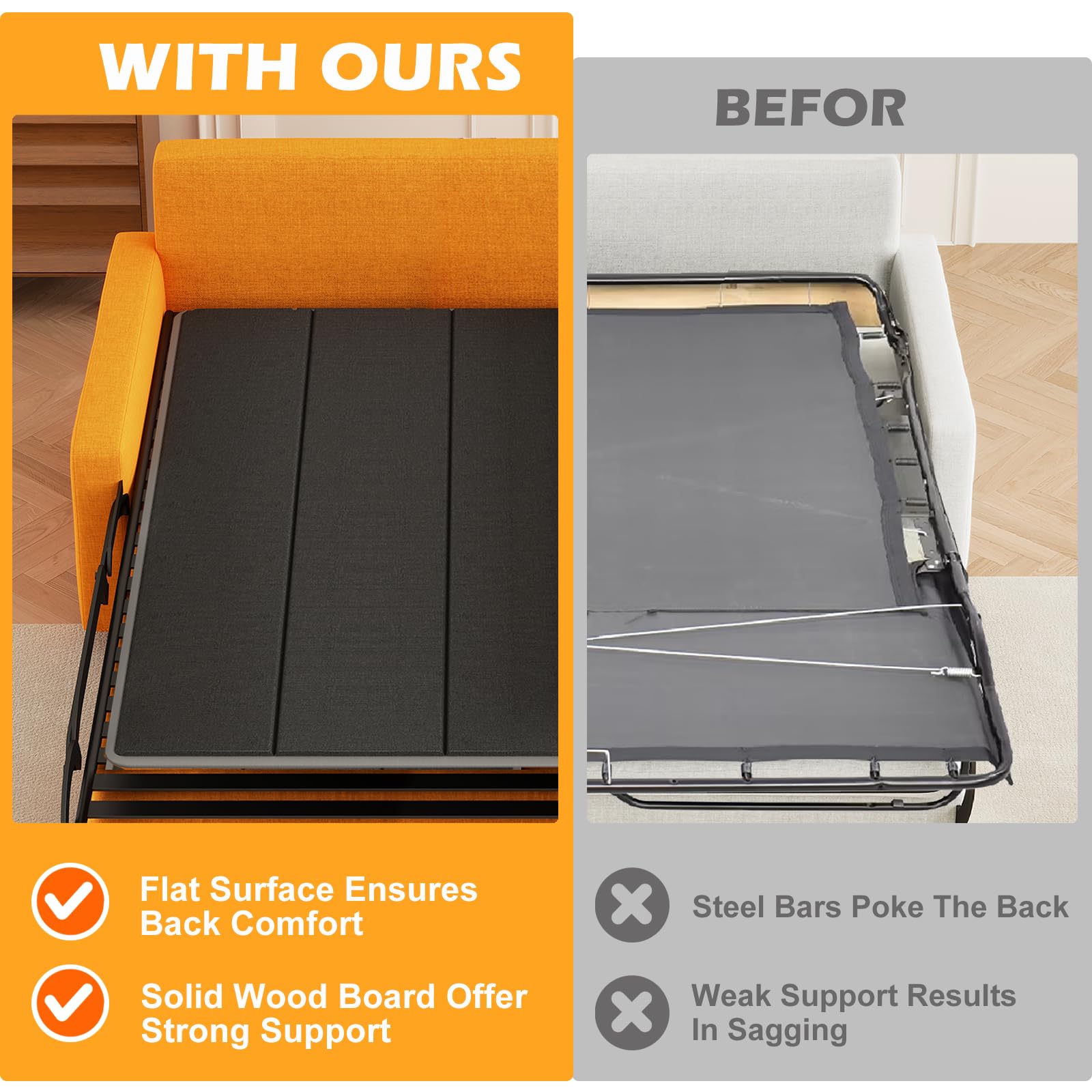 LAVEVE Sleeper Sofa Bed Support Board Queen Size 48''x60'', Heavy Duty Solid Wood Pull Out Couch Mattress Support Board Sofa Bed Saver, Sleeper Sofa Couch Under Sofa Insert, Black