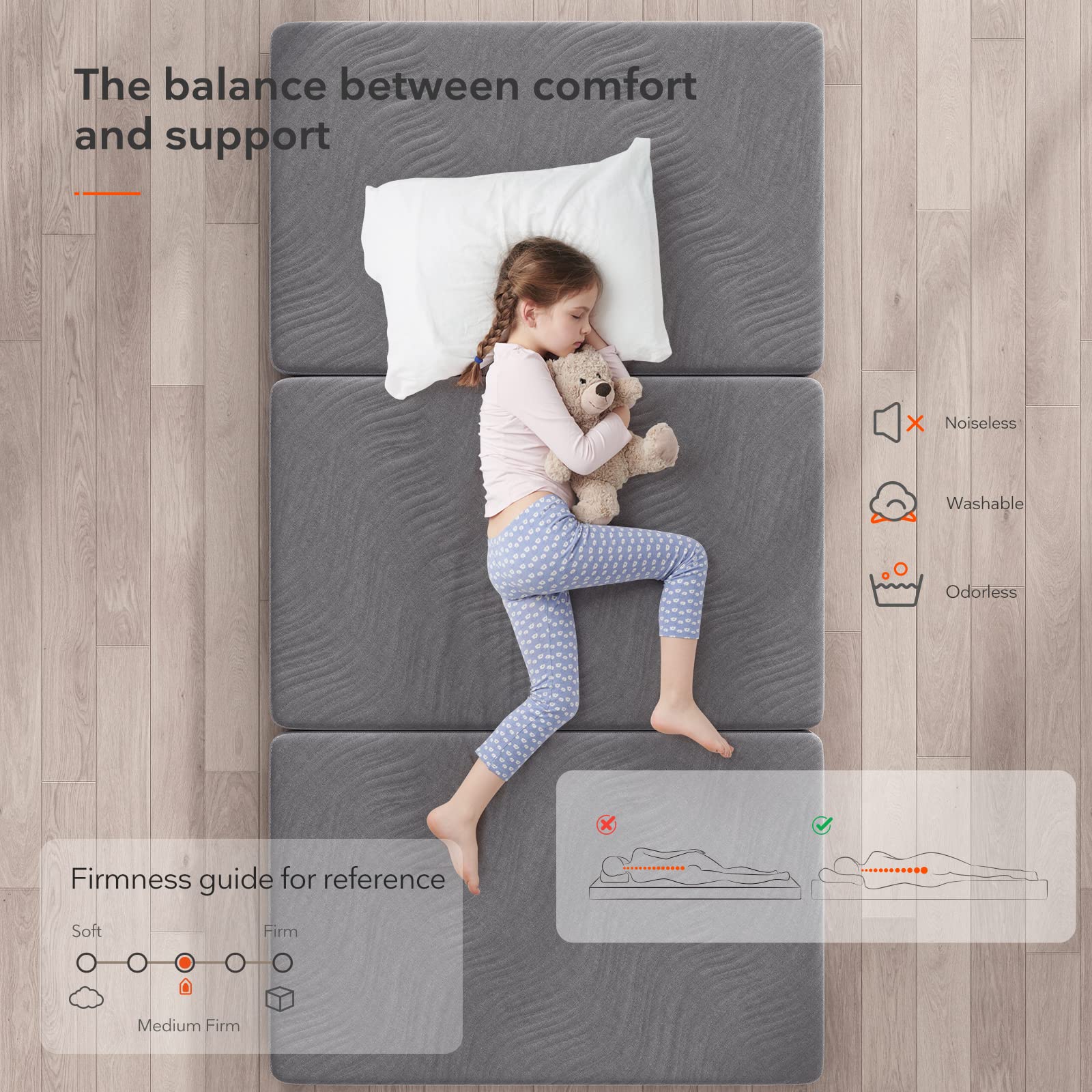 Sweetnight Folding Mattress Twin XL Size with Carry Bag,4-Inch Foldable for Travel, Camping, Guest - Breathable Mesh Sides & Portable , Compact and Easy to Storage Grey