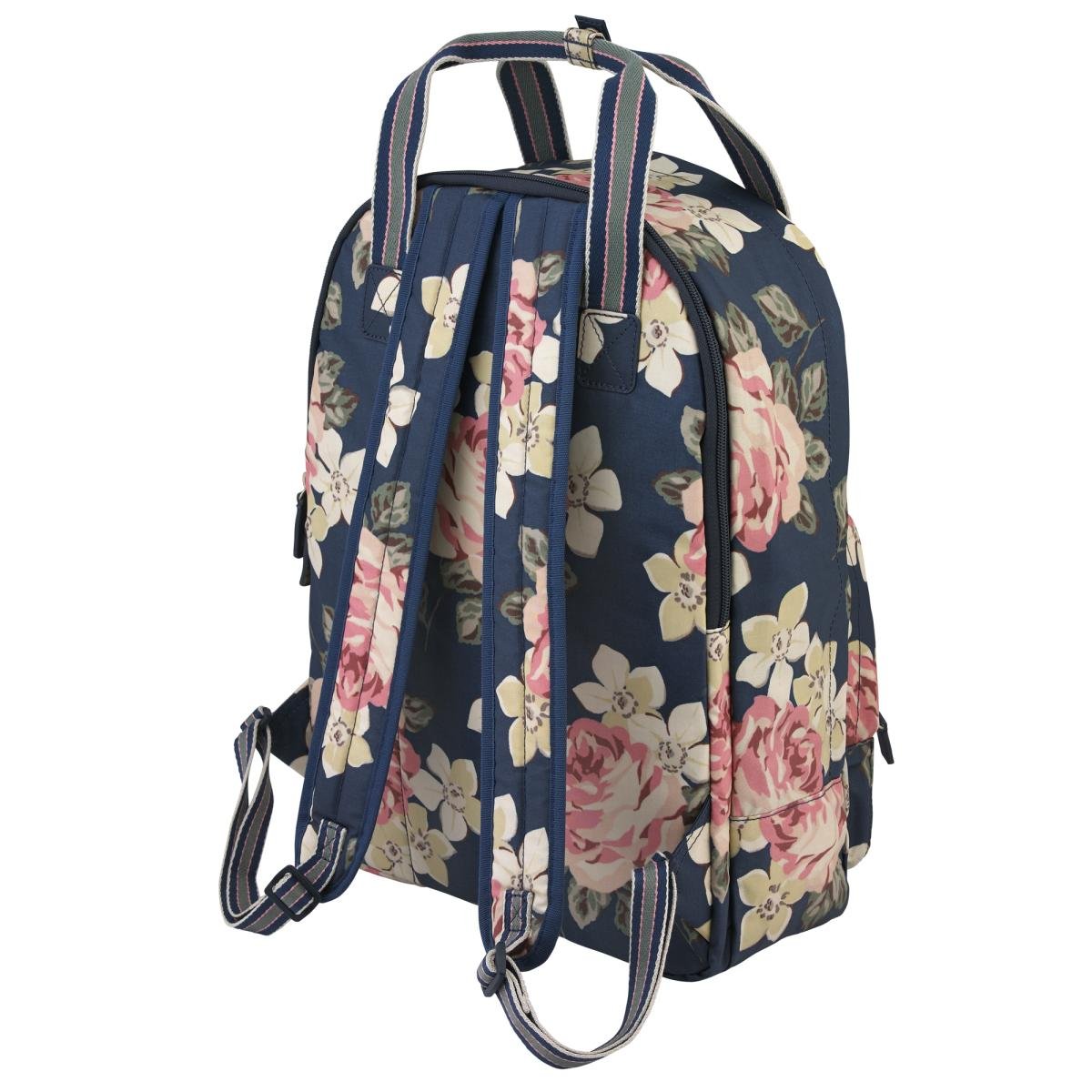 Cath Kidston Matt Oilcloth Multi Pocket Backpack Fitting 13" Laptop Rucksack Richmond Rose Floral Pattern in Dark Navy Color Background