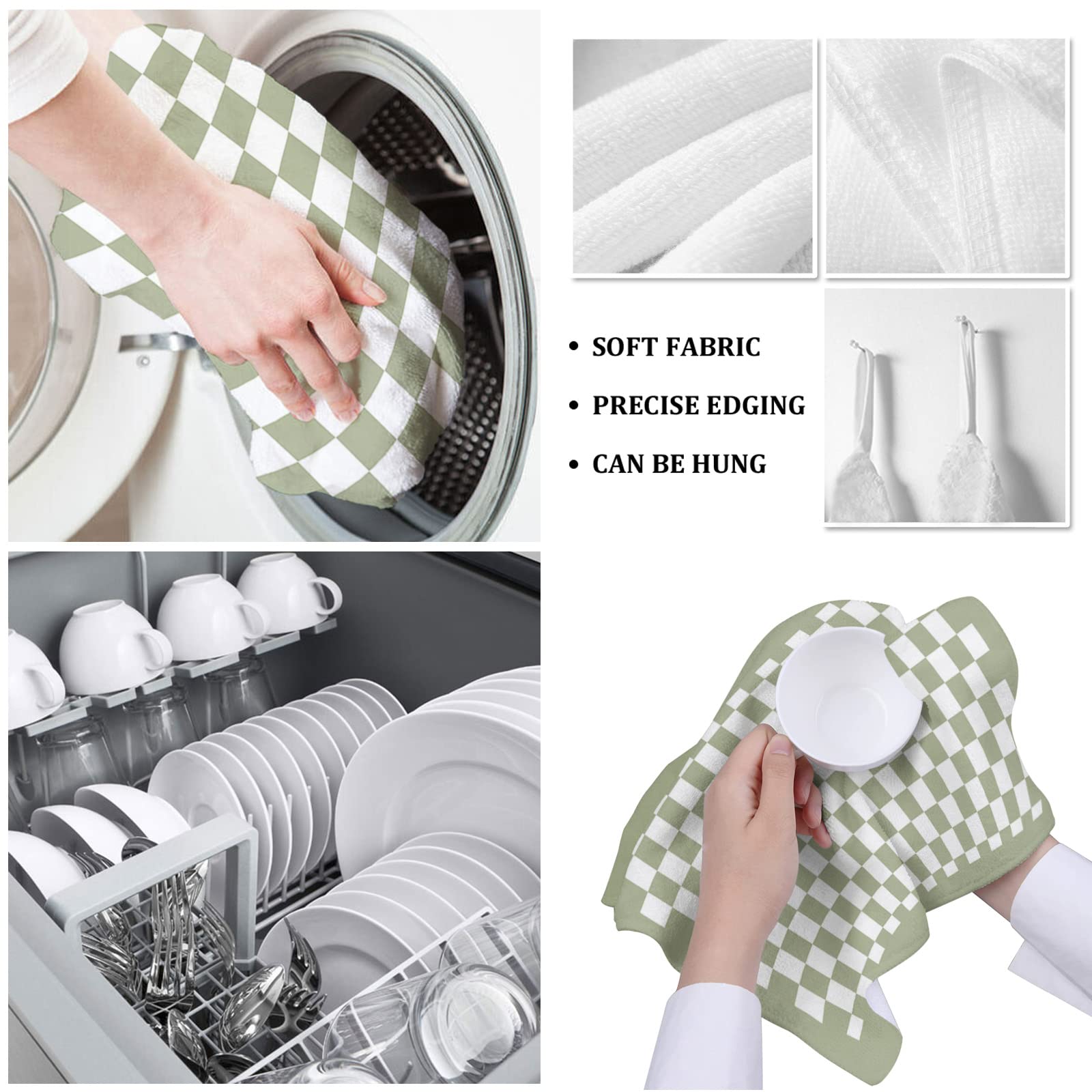 Edwiinsa Sage Green Plaid Kitchen Dish Towels and Dishcloths Sets, Country French Rustic Buffalo Check 18 X 28 Inches Absorbent Hand Towels Dish Rags with Hanging Loop for Home Cleaning (2 Pack)