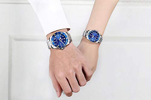 MASTOP Couple Watches Classic Golden Stainless Steel Watch His and Hers Waterproof Quartz Watch (Silver Blue)