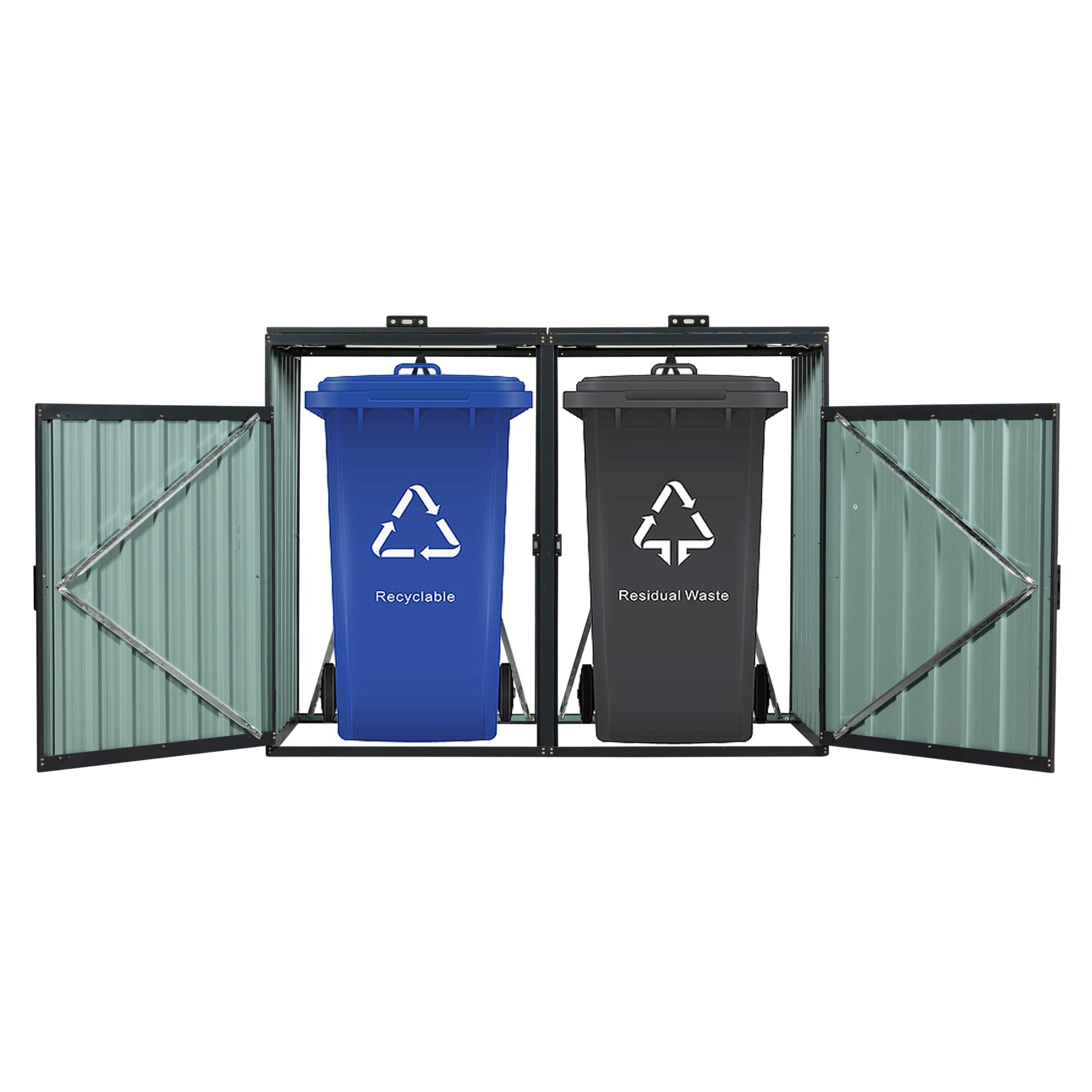 Outdoor Garbage Bin Storage Shed Galvanized Steel Outdoor Storage Shed for 2 Trash cans with Lockable Doors Metal Storage Shed for Garden Yard Lawn (Black-2)