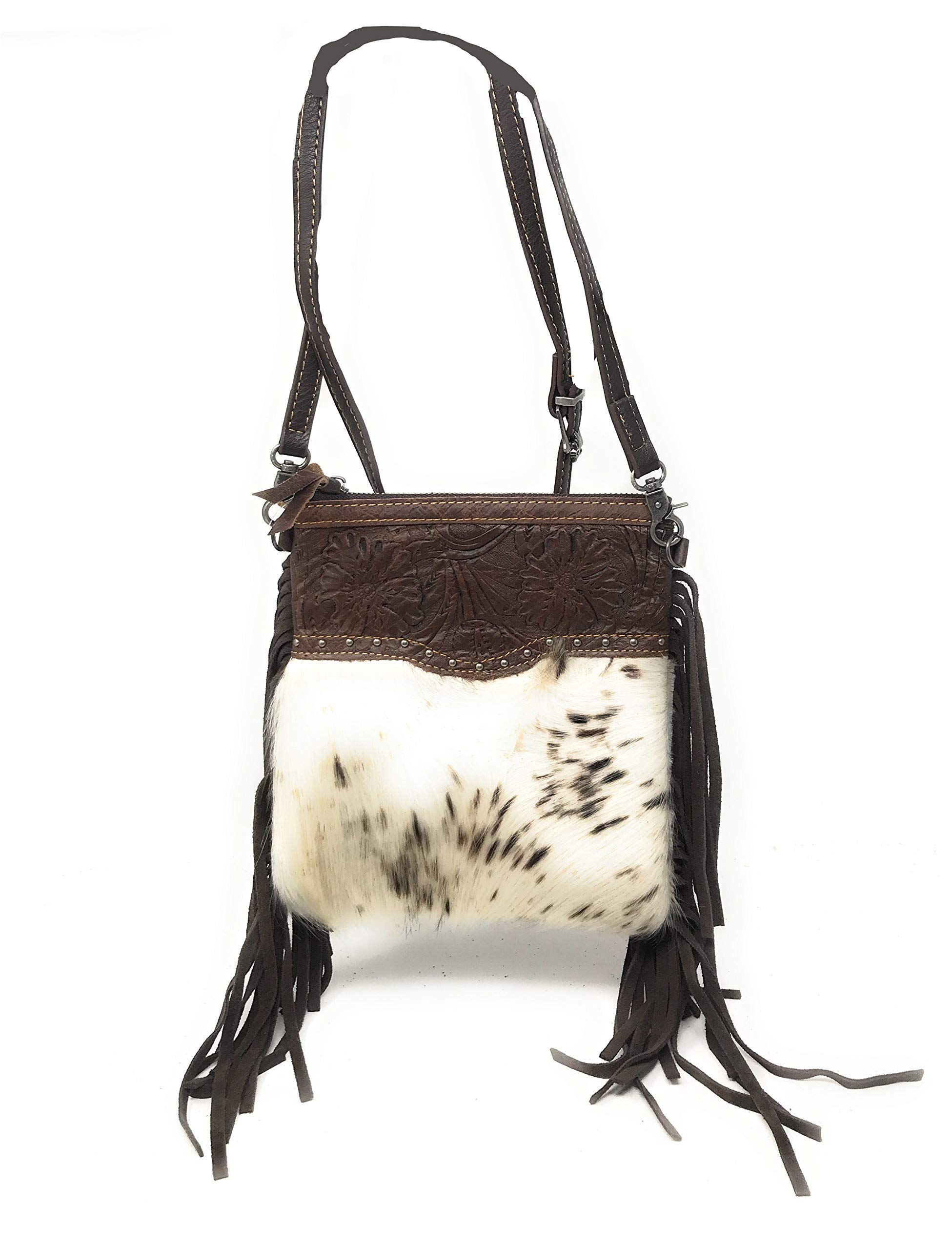 Texas West Western Genuine Leather Cowhide Fur Fringe Women's Medium Size Crossbody Bag in 3 Colors (Coffee)