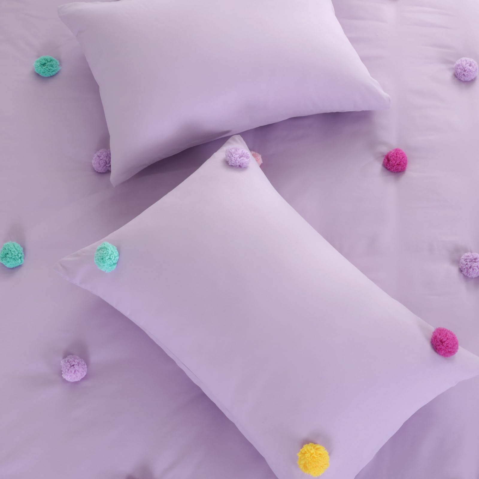 HOMBYS Pom Poms Bedding Comforter Set for Girls, 5 Piece Purple Boho Kids Comforter Set for All Season,Twin/Twin XL Size