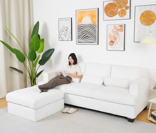 Kikihuose Modular Sectional Sofa Couch, L Shaped Couch with Storage Ottoman, Convertible Sofa with Chaise, Modern 3 Seater Comfy Couch for Living Room, Apartment, Small Space, White