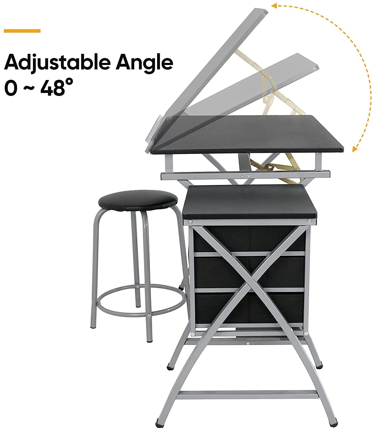 JupiterForce Drafting Table with Tiltable Tabletop and Stool, 3 Storage Drawers, Art Desks for Adults, Painters, Work Station, Home Office, Black