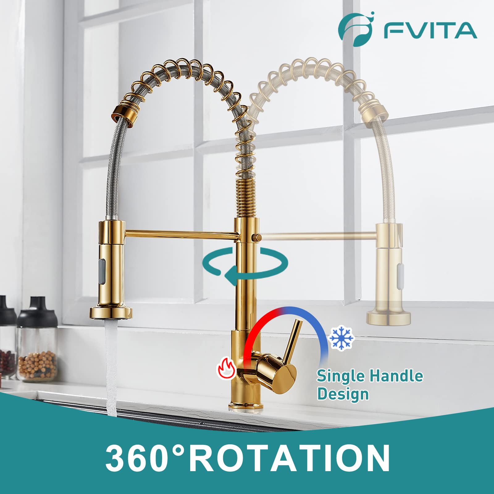 FVITA Polished Gold Kitchen Faucet with Pull Down Sprayer,Lead-Free Solid Brass 16.1'' Kitchen Sink Faucet Single Handle Spring Swan Neck Faucet High Arc Single Hole Faucet for Kitchen Sink