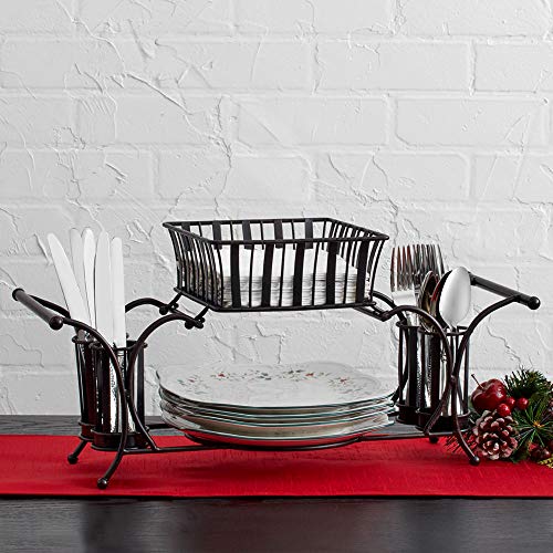 Gourmet Basics by Mikasa Band and Stripe Metal Hostess Flatware Napkin and Plate Tabletop Buffet Picnic Caddy