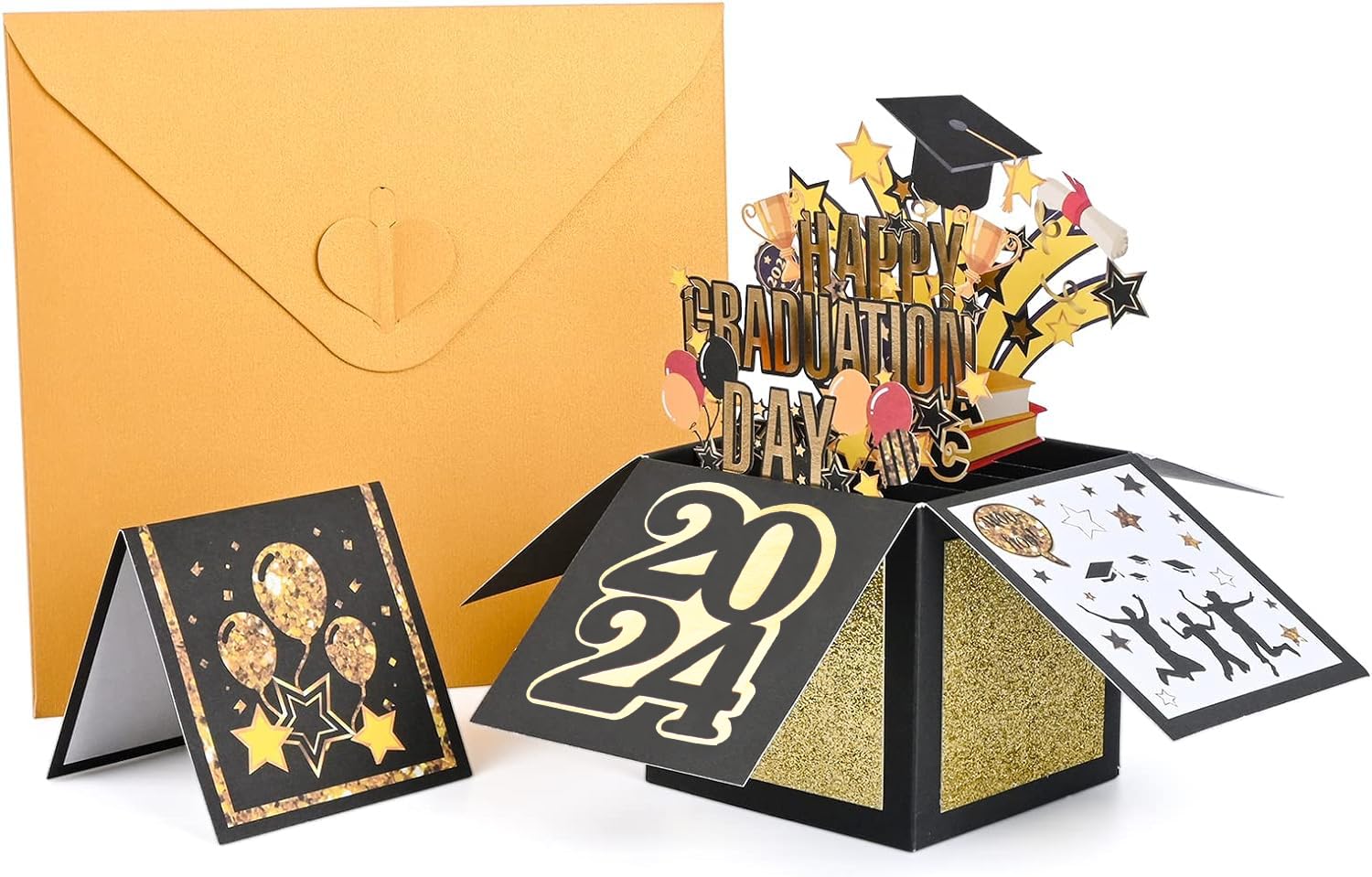 POPGIFTU 2024 Graduation Pop Up Card, Black Gold Pop Up Congrats Grad 2024 Greeting Card with Envelope, Congratulations Graduation Gifts for 2024 High School College University Graduates