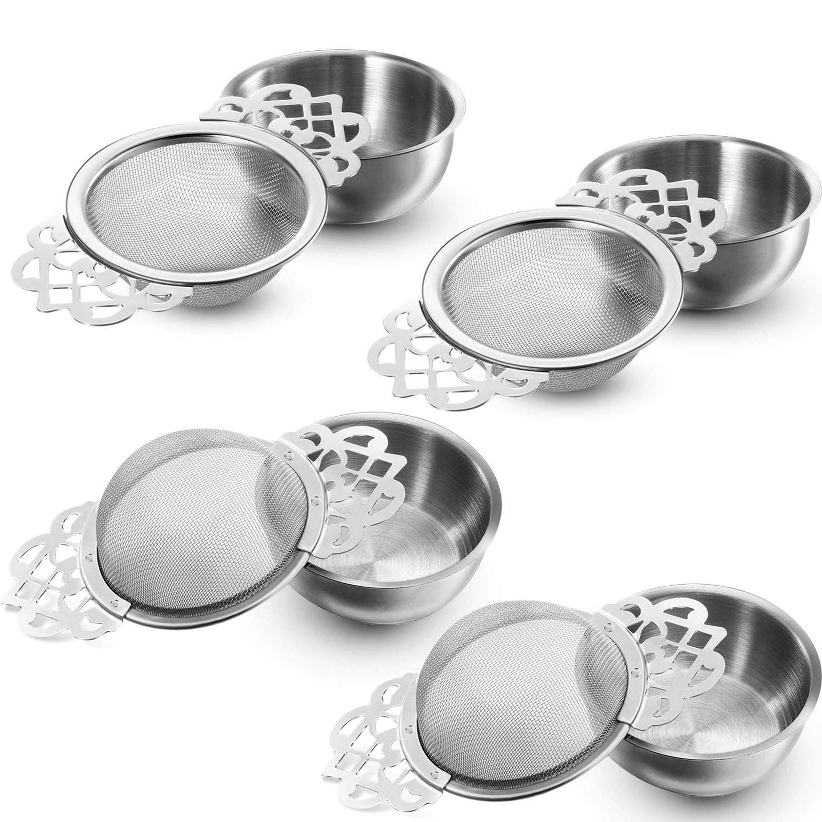 Empress Tea Strainers with Drip Bowls, Mesh Tea Infuser Stainless Steel Loose Leaf Tea Filter with Handles for Better Tea Experience (Silver, 4 Pieces)