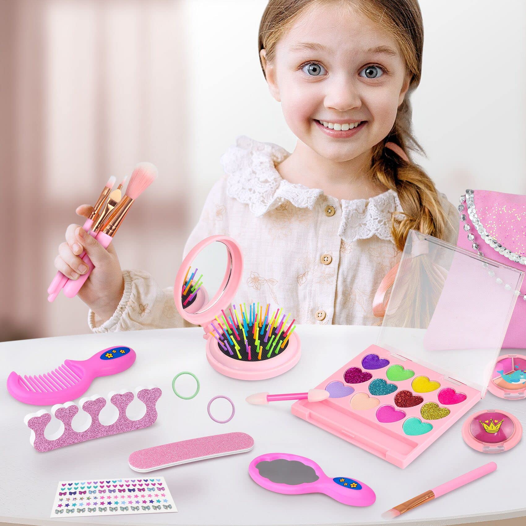 Ecore Fun 19 Pcs American 18 Inch Doll Clothes and Accessories Make Up Sets Includes Doll Dress Cosmetic Bag and Makeup Stuff for 18 Inch Doll Gneration Dolls（No Doll）