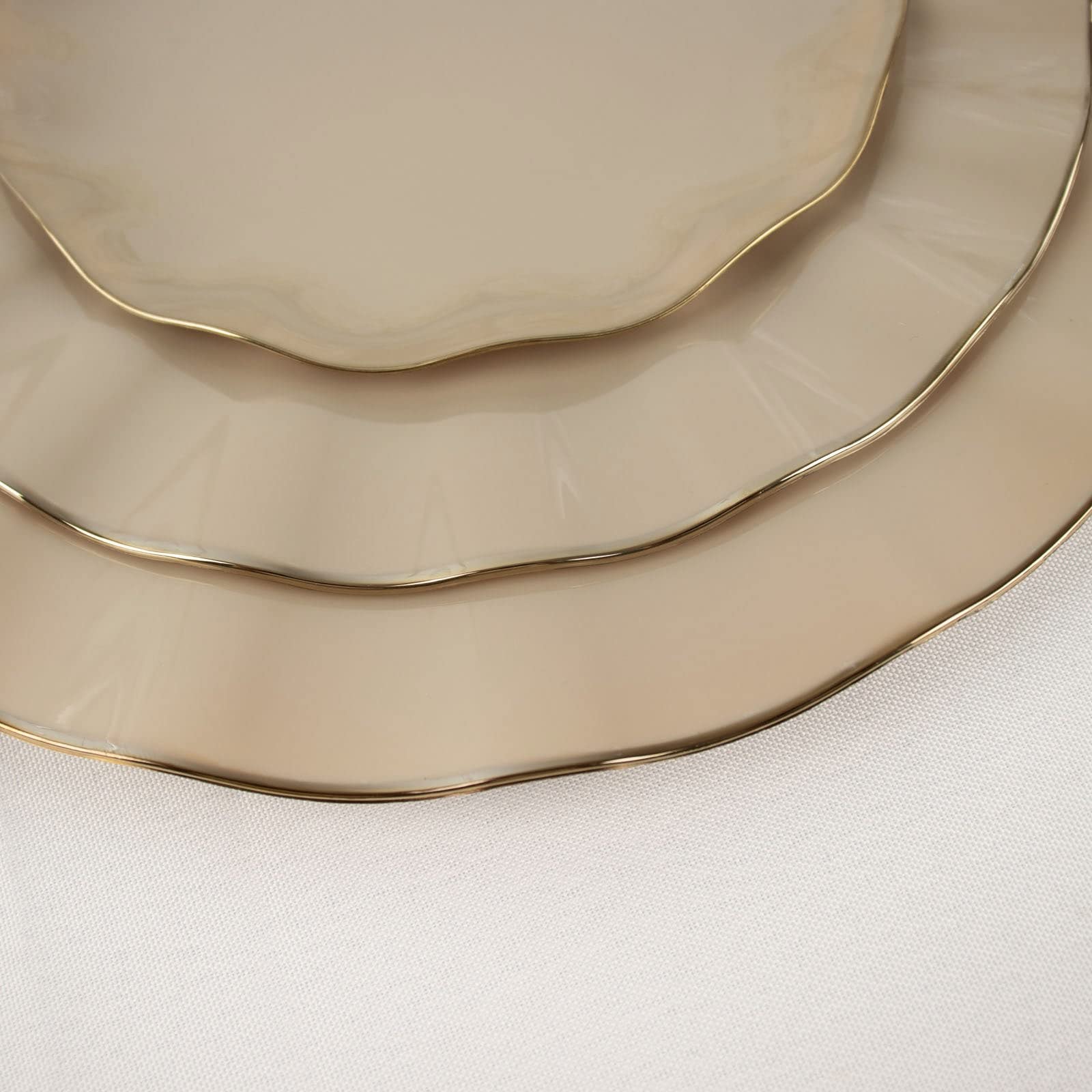 Efavormart 10 Pack | 11" Taupe Large Hard Plastic Dinner Plates With Gold Wavy Rim, Heavy Duty Disposable Dinnerware
