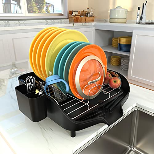 Dish Drying Rack, Expandable Dish Rack for Kitchen Counter(14'' to 20") Auto-Drain Stainless Steel Cutlery Rack and Utensil Holder, Kitchen Dish Drainer Rack - Black