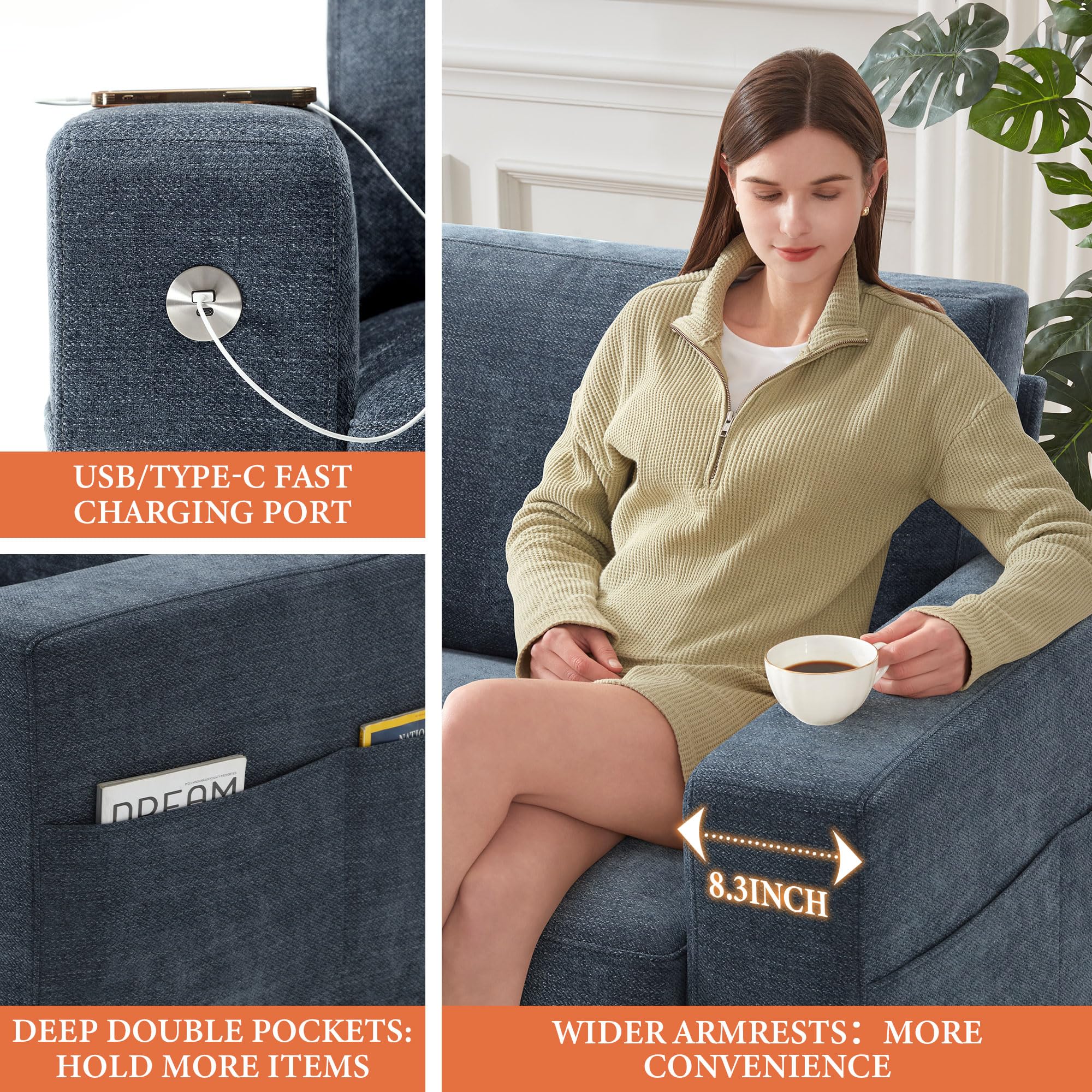 Ihanherry Sofa 70 Inch Loveseat with USB/Type-C Charging Port & Side Pocket, Comfy Modern 2-Seats Sofa for Living Room & Bedroom, Removable Medium Firm Sofa Cushion, Breathable Chenille Fabric, Blue