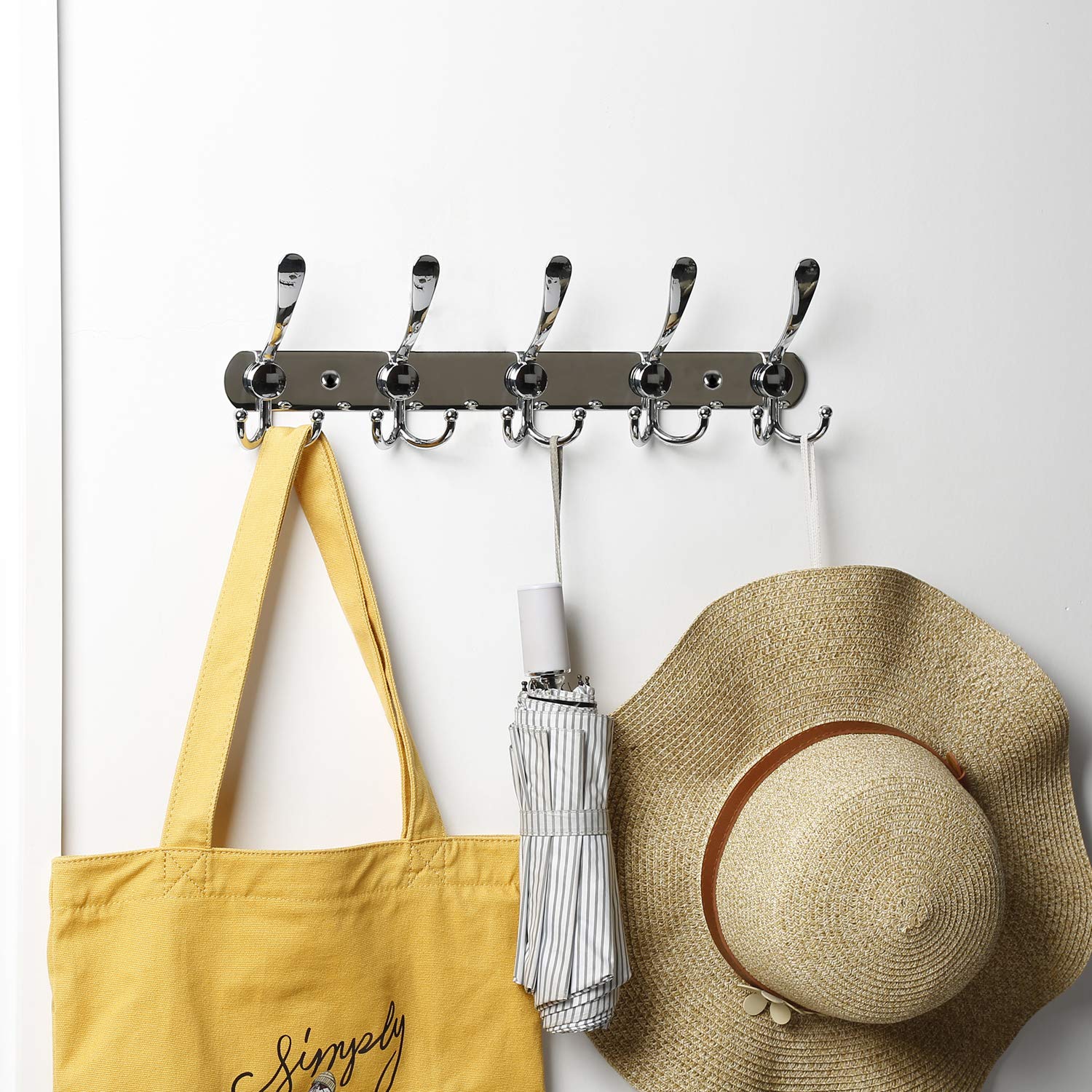 JOSHNESE Wall Mount Coat Hooks,5 Tri Hooks Heavy Duty Stainless Steel Hook Rail for Coat Hat Towel Robes Mudroom Bathroom Entryway(2 Pack,Silver