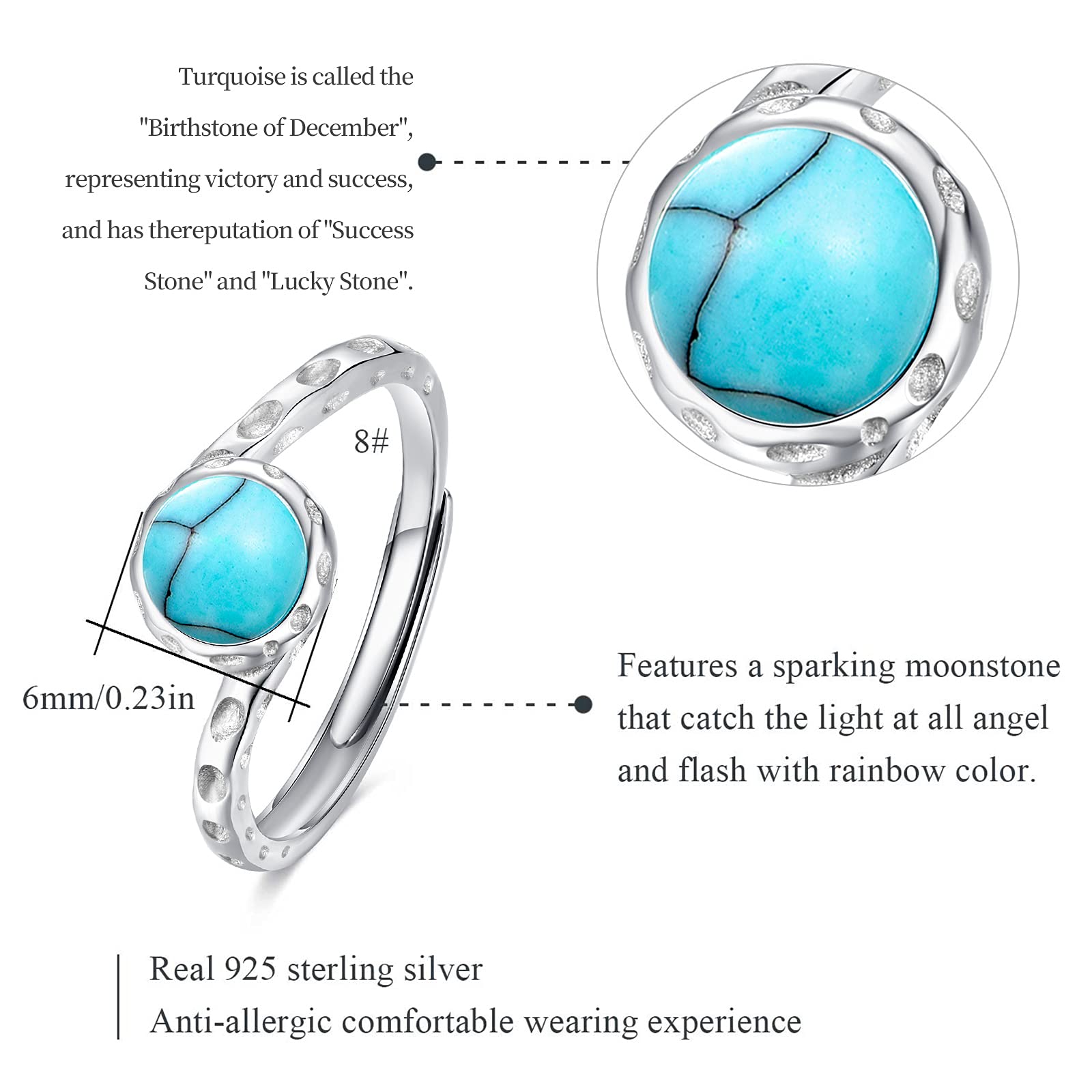 CUOKA MIRACLE Turquoise Ring for Women 925 Sterling Silver Synthetic Turquoise Ring Open Ring Adjustable Ring Gift for Women