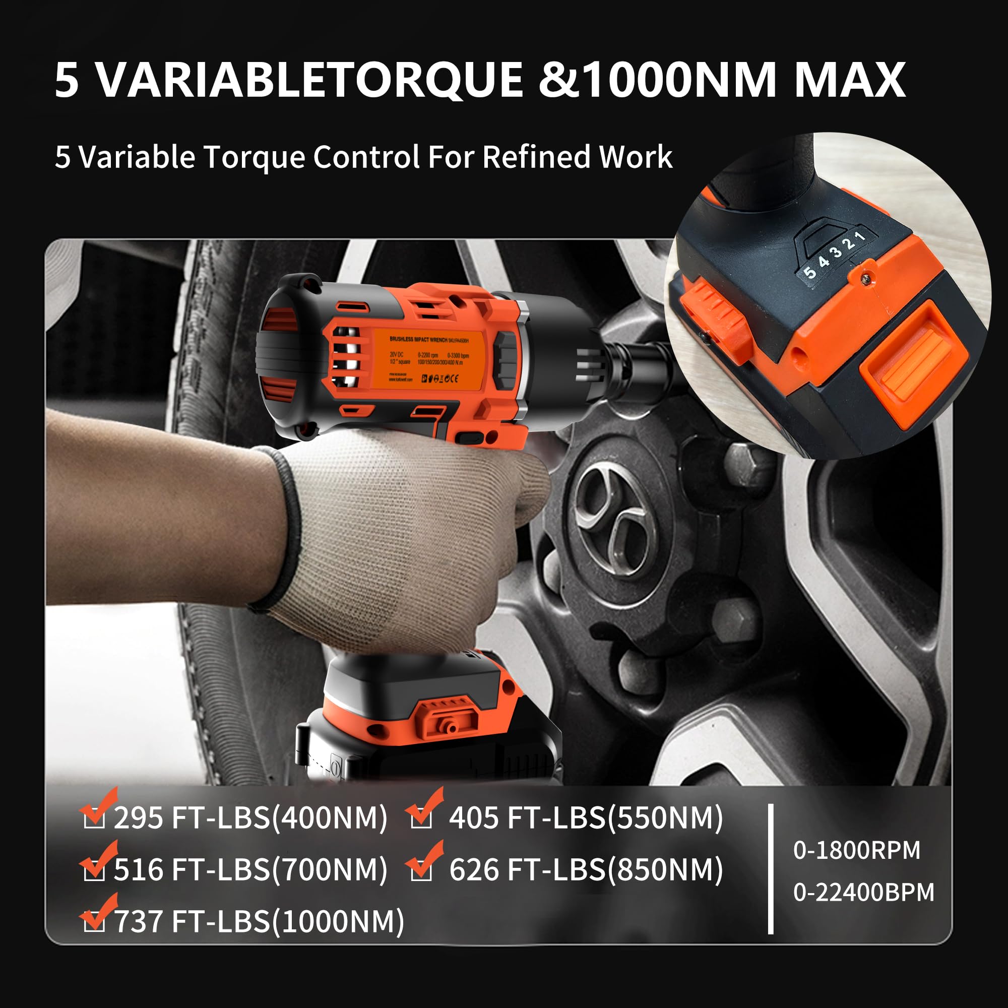 KAFUWELL 20V High Torque Impact Wrench, Max 738 ft-lbs (1000N.m), 5 Torque Control, with 4.0Amp Battery and Fast Charger, 1/2 Impact Gun with Brushless Motor