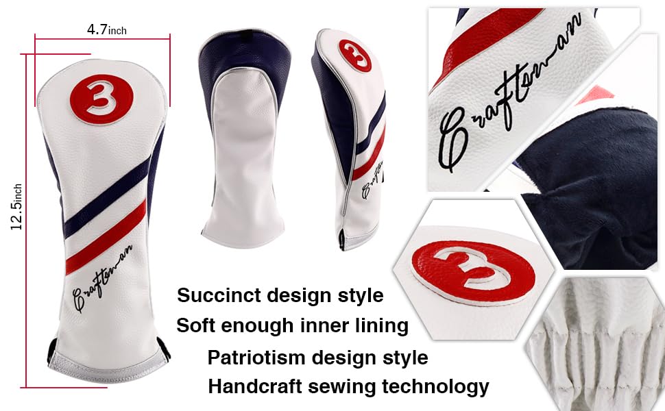 Craftsman Golf White Blue Red Pu Leather Diagonal Stripes Fairway 3 Wood Headcover for All Brands Callaway Big Bertha Cobra TaylorMade Ping Mizuno Etc. (3 Wood Headcover)