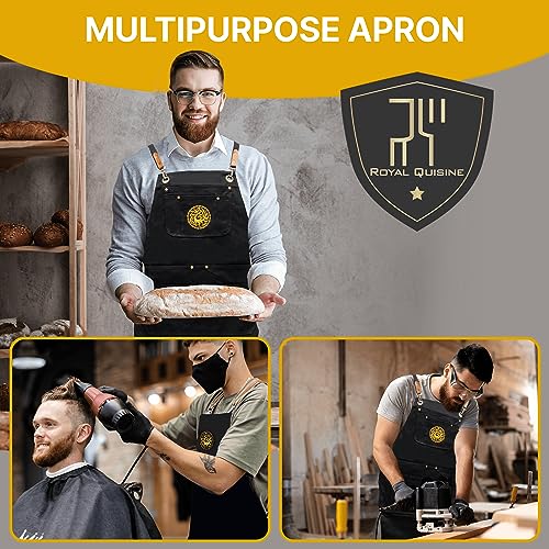 Royal Quisine Chef Apron β Cotton Aprons for Men and Women β Professional Cooking Apron for BBQ, Barista, Chef, Gardener β Comfortable Waist Apron with X-Shaped Straps β Korean Embroidery