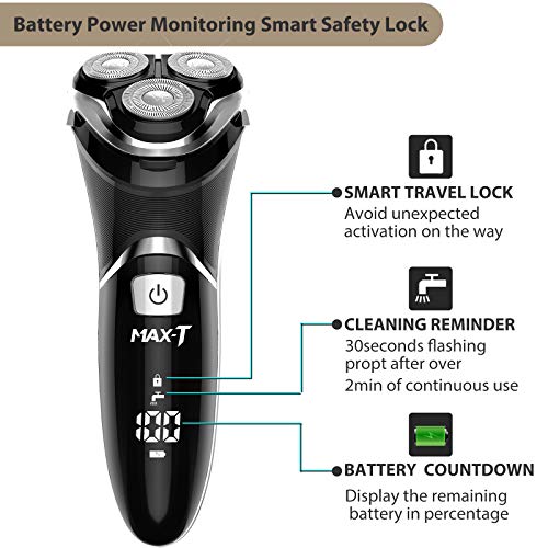 MAX-T Men's Electric Shaver - Corded and Cordless Rechargeable 3D Rotary Shaver Razor for Men with Pop-up Sideburn Trimmer Wet and Dry Painless 100-240V Black
