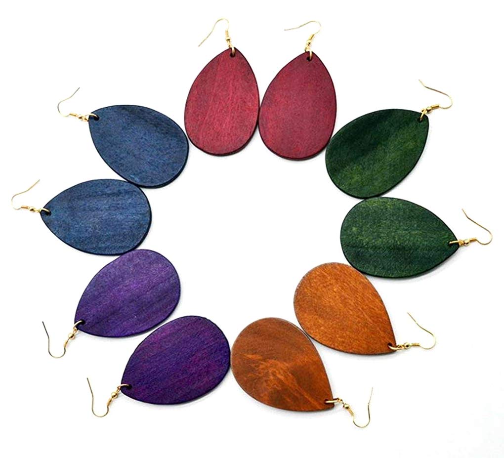 Chryvva Women's Teardrop Shaped Wooden Pendant Earrings (Navy Blue)