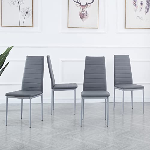 ROZHOME Dining Set for 4, Round Glass Dining Table with 3 Legs and 4 Metal Chair for Home Office Kitchen Dining Room 35.43" * 35.43" * 29.53"(L x W x H) (Glossy Silver+Light Slate Gray)