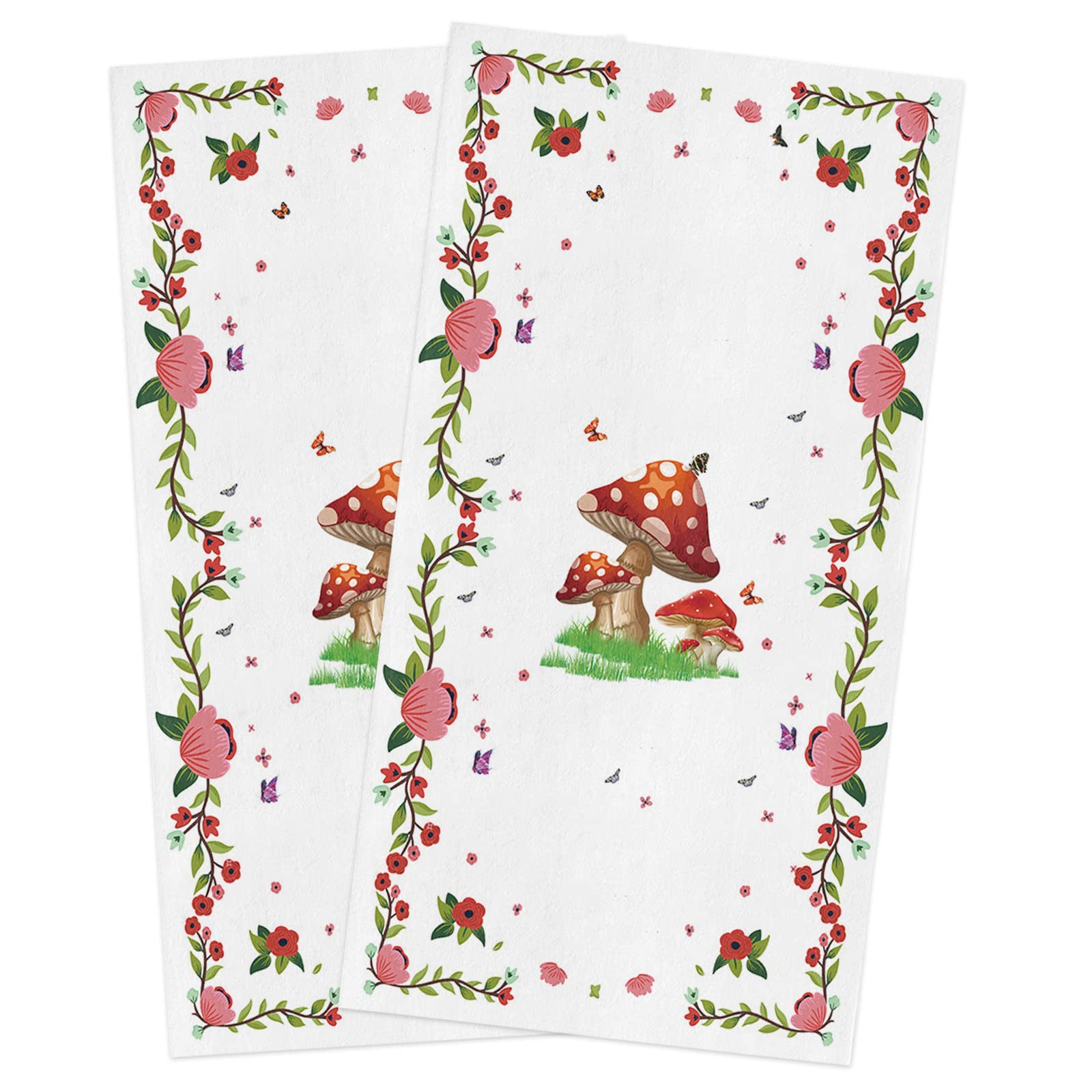 Dish Towels for Kitchen,Hand Towel Cleaning Cloths Country Forest Mushroom Absorbent Fast Drying Dish Rags,Flower Green Leaf Branch Frame Bathroom Cloth Set of 2 with Hanging Loop