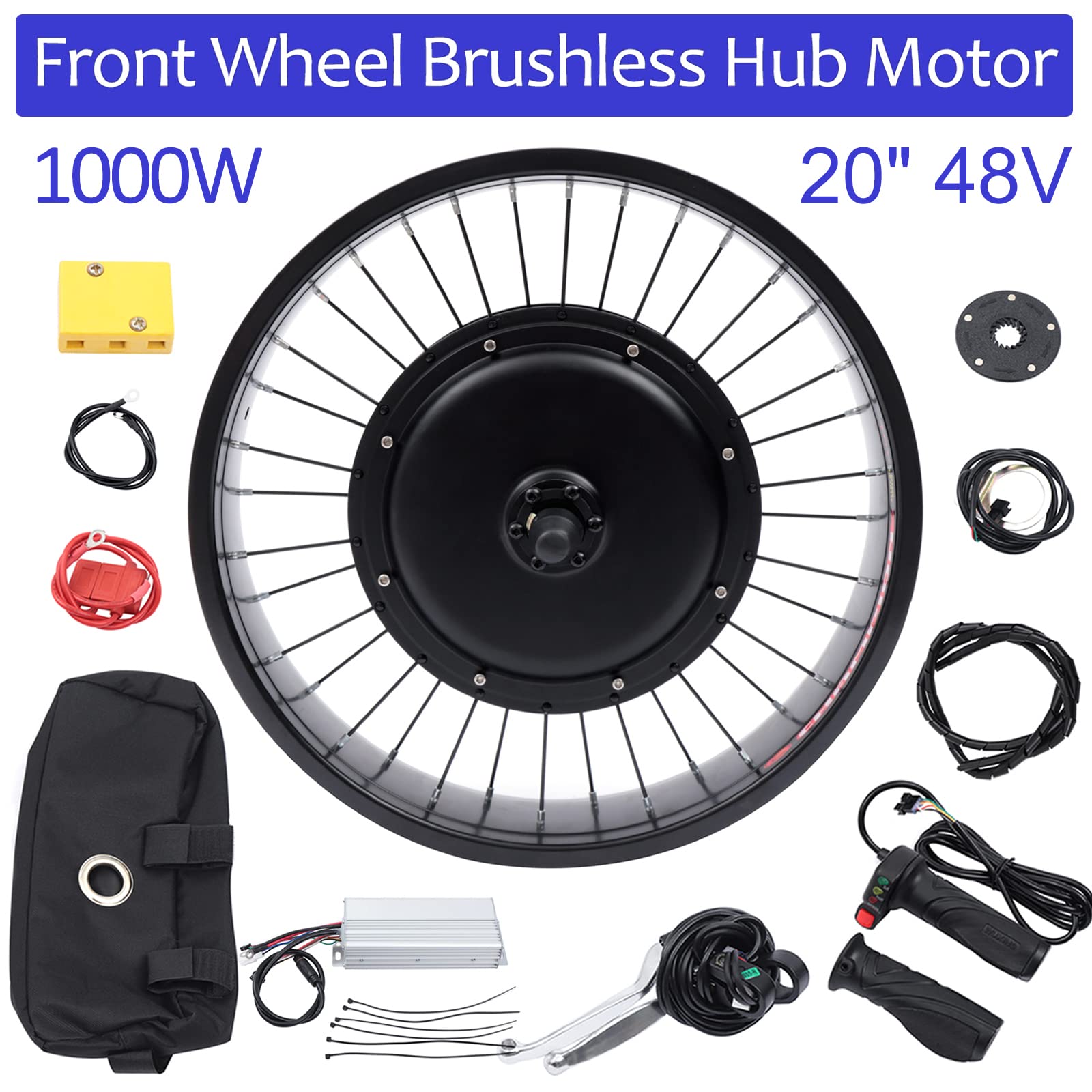 CNCEST Electric Bicycle EBike Conversion Kit for Electric Bike 20" Fat Front or Rear Wheel, E-Bike Front Wheel Frame Kit, 20" 48V 1000W Electric Bicycle Hub Motor Kit for Fat Tire