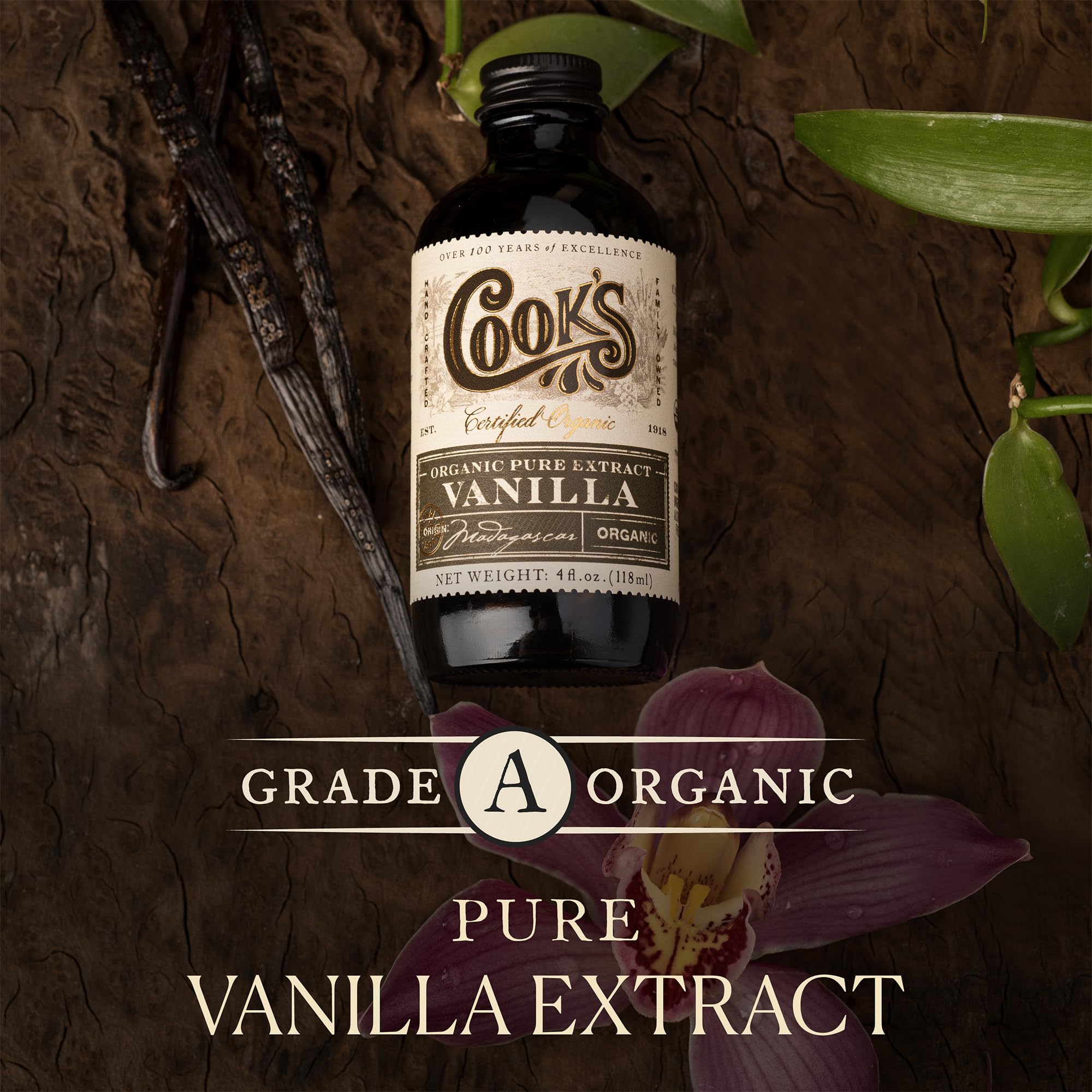 Cook’s, Organic Pure Vanilla Extract, World’s Finest Gourmet Fresh Grade A Premium Vanilla, 8 oz