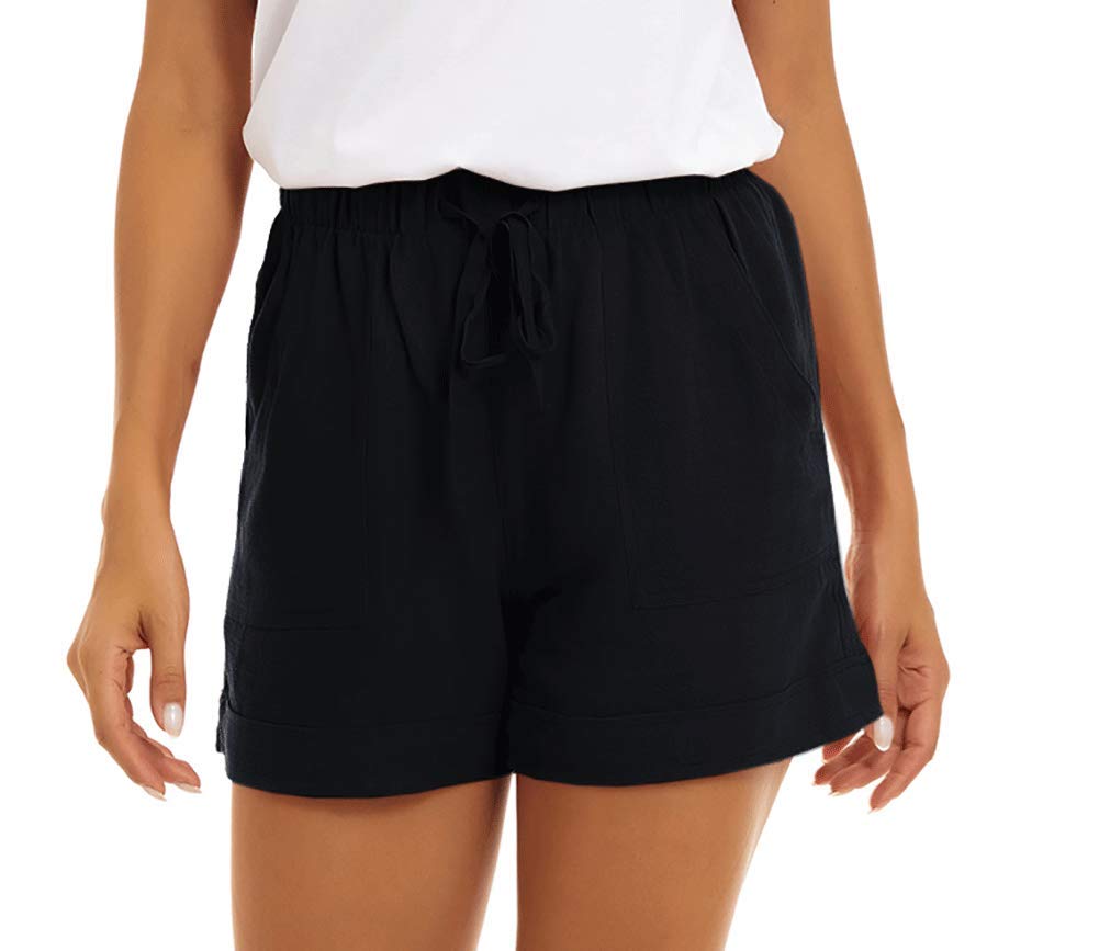 CNFUFEN Women's Lounge Bermuda Shorts Athletic Casual Jersey Cotton Stretchy Shorts with Pockets Folded Hem High Waisted Hot Pants Black M