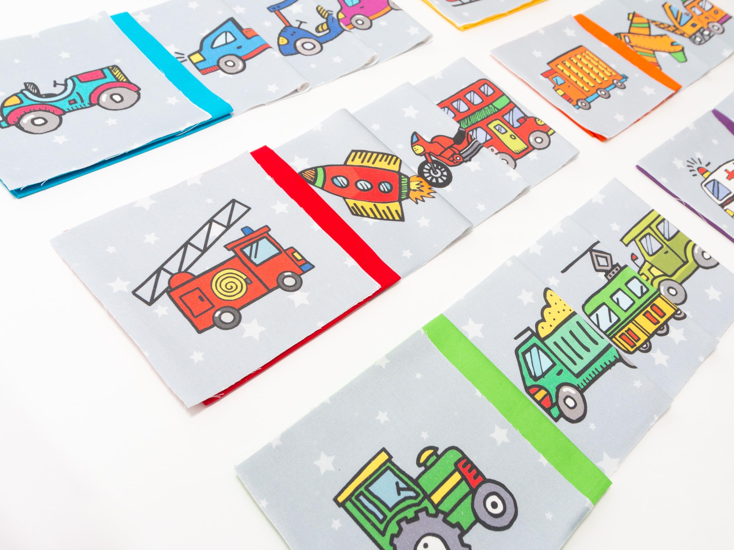 Lalikul Fabric Transport & Vehicles, 100% Cotton Charm Packs, 42 Different Motifs, Fat Quarters, Ideal for Quilts, Sewing, Blankets, I Spy Games for Kids, 5" x 5" Squares.