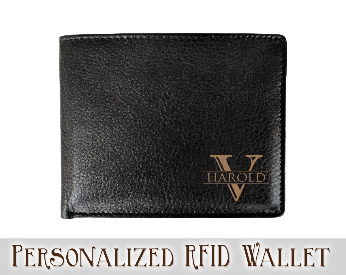 Corner Monogram Initial Engraved Personalized One Black Wallet Personalized Men's Bifold Leather RFID Blocking Wallet for Groomsman Best Man Wedding Party Gift