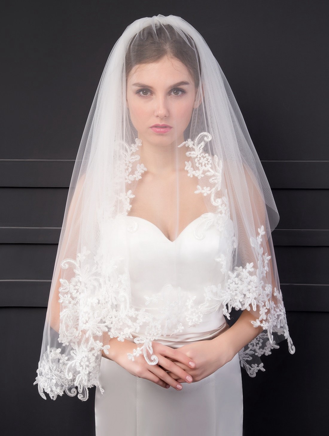 Cibelle Short 2 Tier Lace Bridal Wedding Veil For Bride White