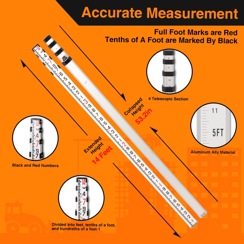GEOLENI Aluminum Grade Rod - 10ths, With Carrying Case and Rod level (14 Foot)