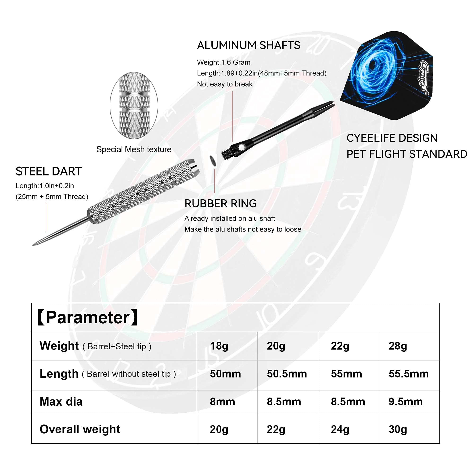 CyeeLife-Steel tip Darts 20g,12 Aluminium shafts+16 Flights+Sharpener+Tool+16 Protectors,for Beginners House Darts