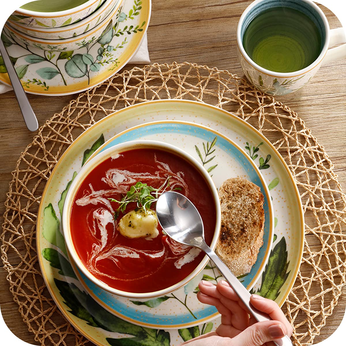 Corona Dinnerware Set 16β piece, Plates Bowls and Mugs Set, Ceramic Sets for 4, Microwave and Dishwasher Safe, Siena Italian Floral Design