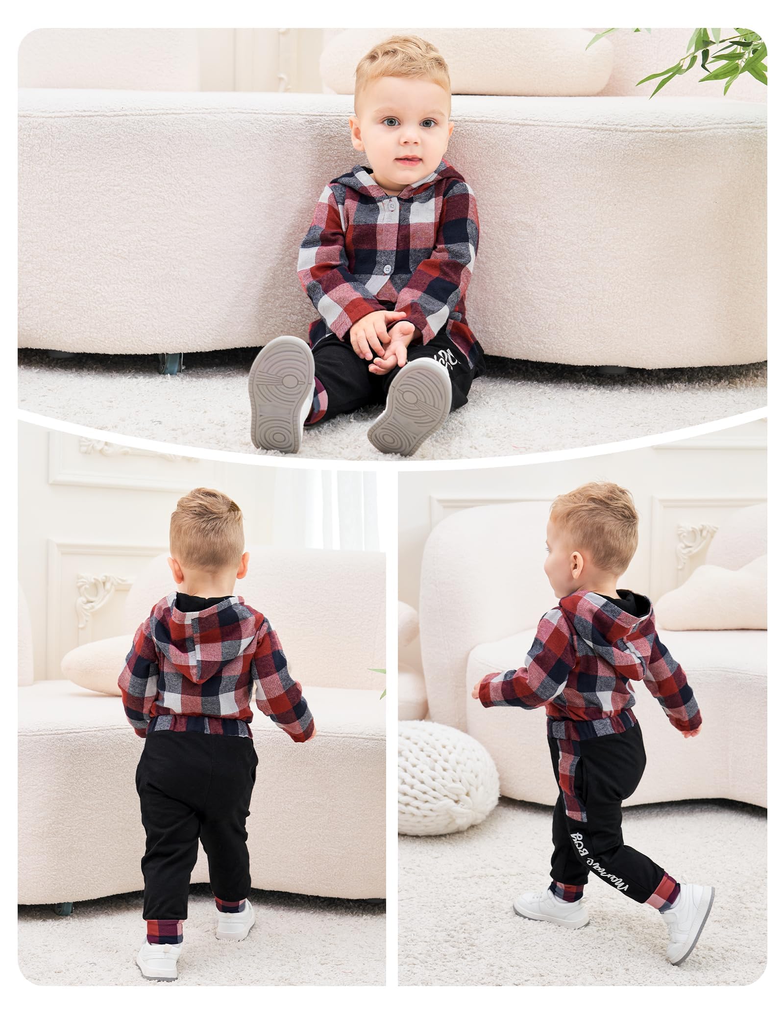 Fuermos Newborn Infant Baby Boy Clothes Plaid Button Long Sleeve Hoodies Romper+ Mama's and Boy Pants Outfits Set