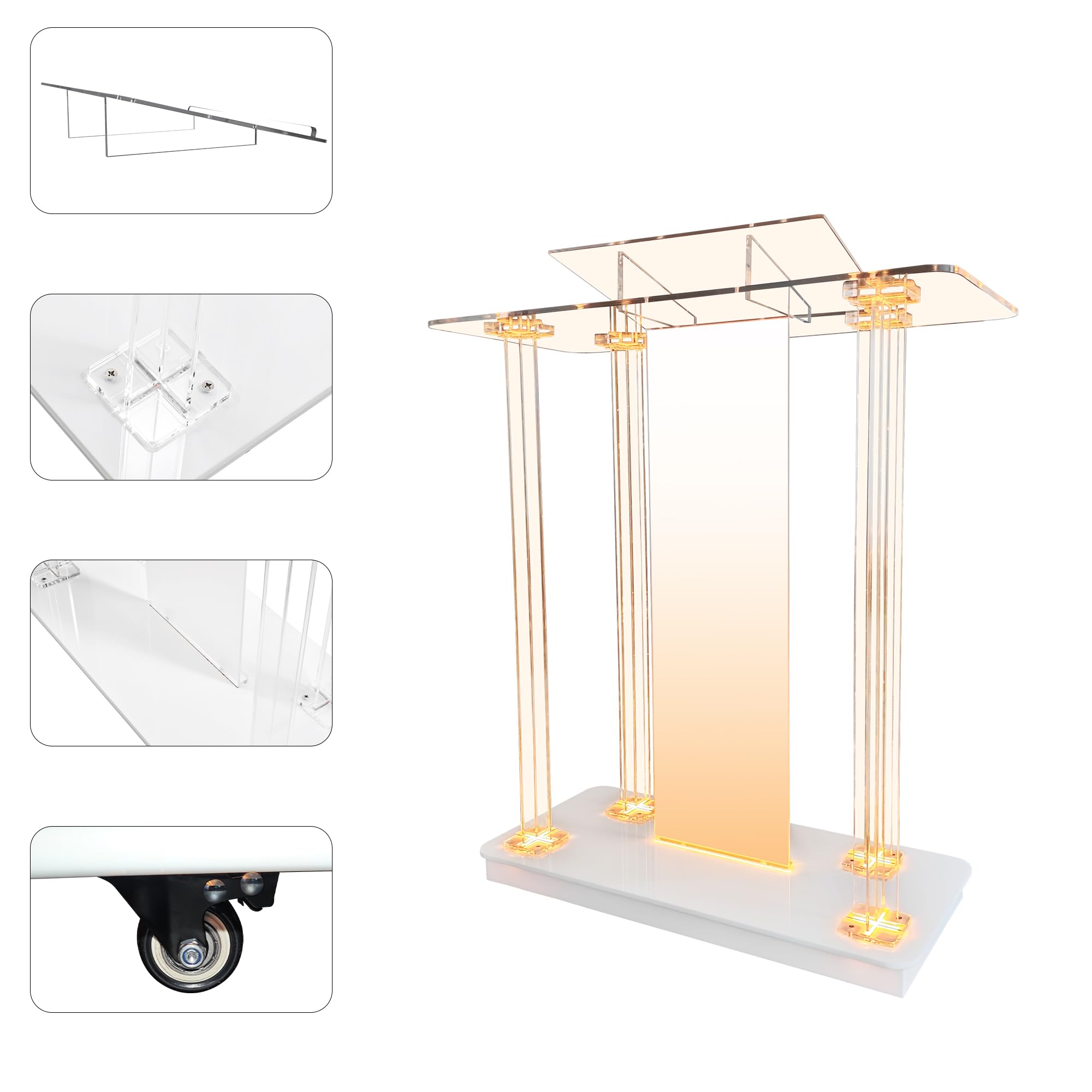 Clear Podium Stand - Acrylic Pulpits for Churches with Led Light, Professional Portable Presentation Podium Lectern with Wide Reading Surface for Restaurants, Weddings, Office and Classrooms