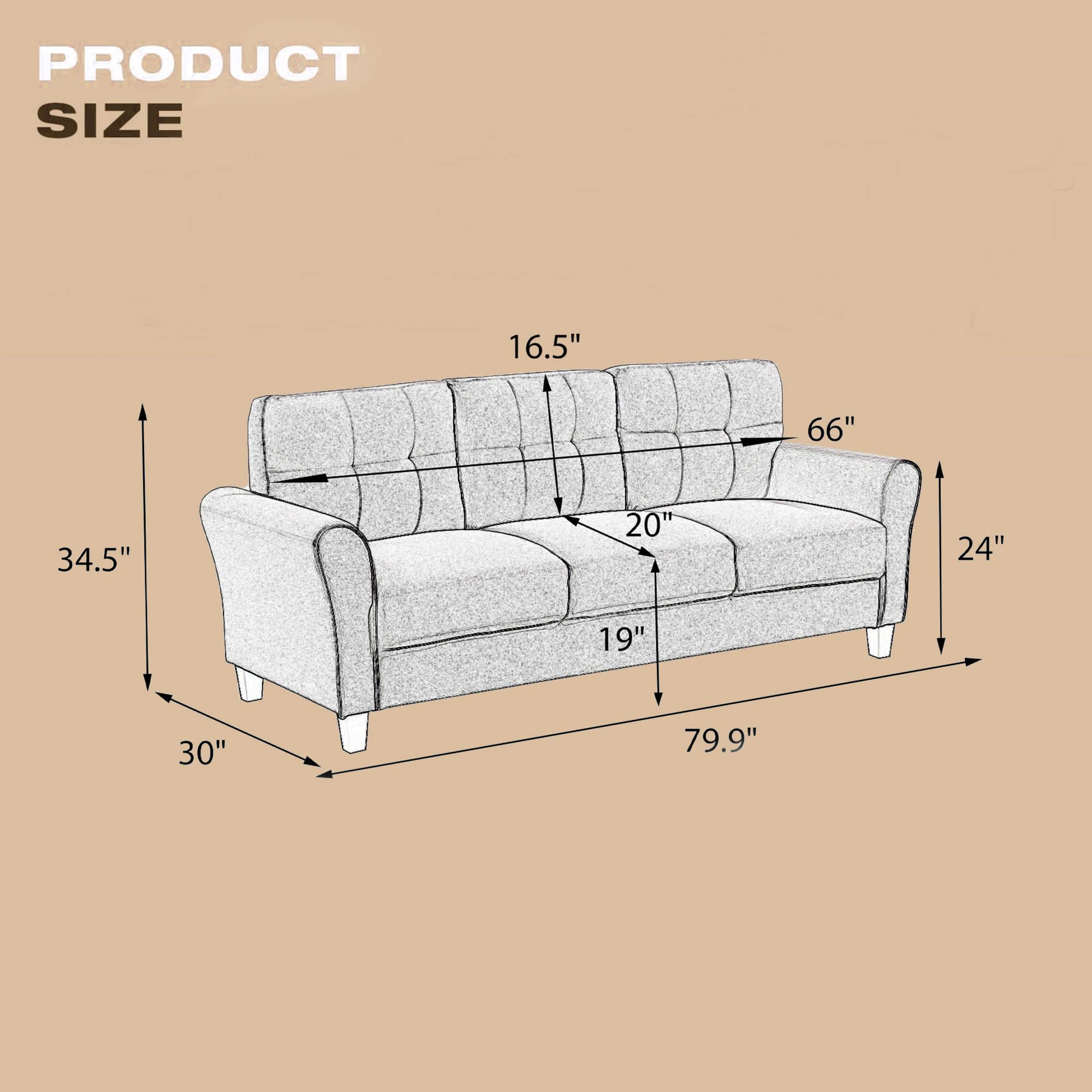 P PURLOVE 3-Seat Sofa for Living Room, Modern Sofa with Comfortable Padded Backrest, Linen Upholstered Couch Furniture for Bedroom, Office, Small Space, Easy Assembly, Light Grey Blue