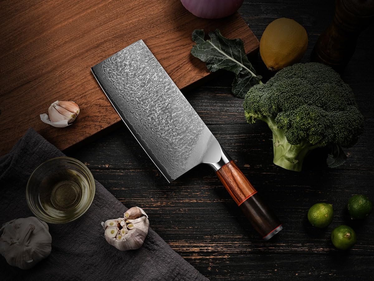 KINGOD 7-Inch Meat Cleaver, Razor-Sharp VG10 Steel Knife for Meat & Vegetables, Multipurpose Kitchen Knife with Rosewood Handle, Gift Box & Sheath