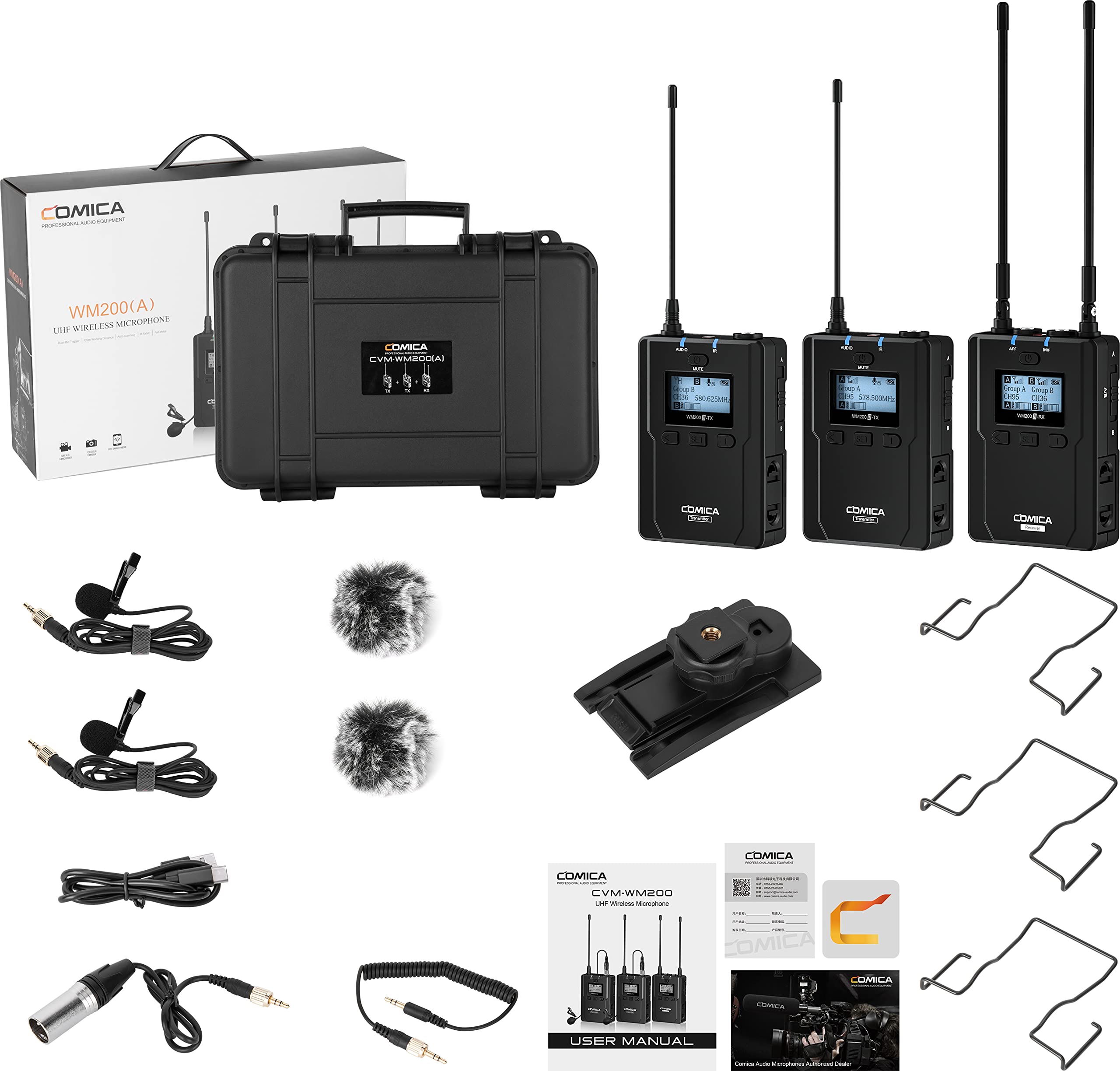 Wireless Lavalier Microphone, Comica CVM-WM200A 96-Channel UHF Wireless Lapel Microphone System for Cameras/XLR Camcorders Interview Youtube Video Recording, Dual Lav Mic with 394FT Transmission