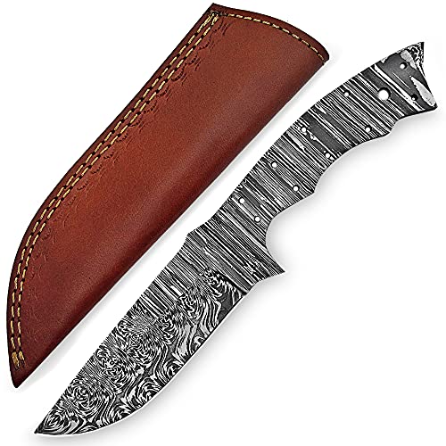 ColdLand Damascus Knife Blank Blade Hand Forged for Hunting Knife Making Supplies, Skinner Blank with Sheath